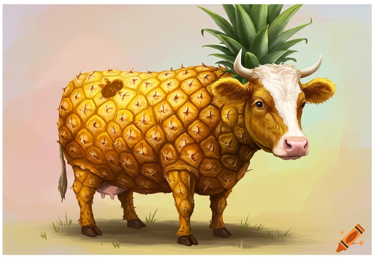A creature with the head of a cow and a body like a pineapple stands in ...
