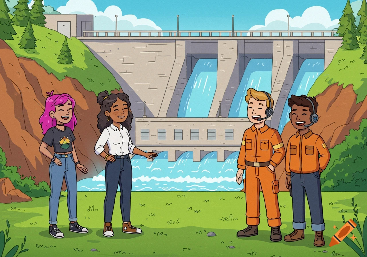 Cartoon illustration of four people standing in front of a large dam ...