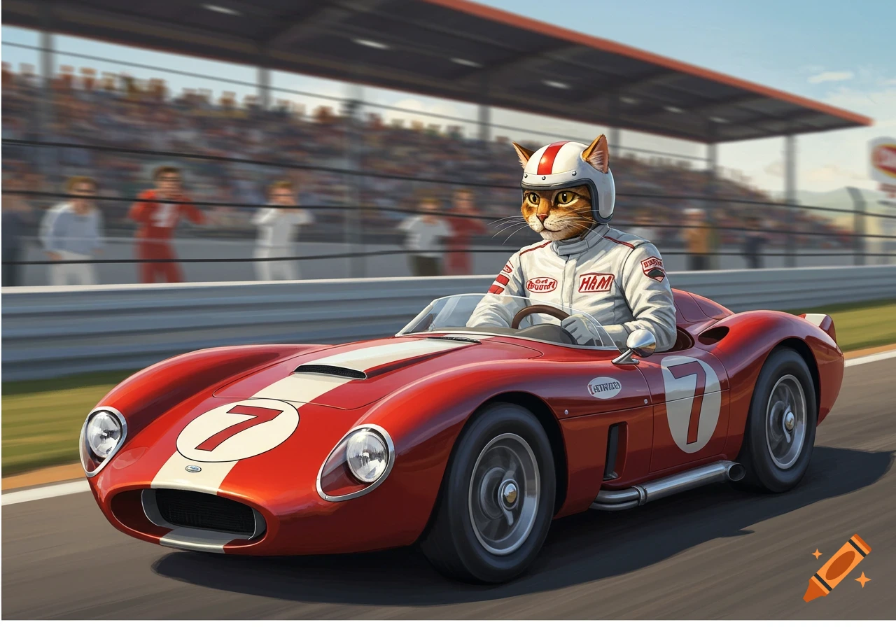A cat in a helmet drives a red vintage race car on a track. on Craiyon