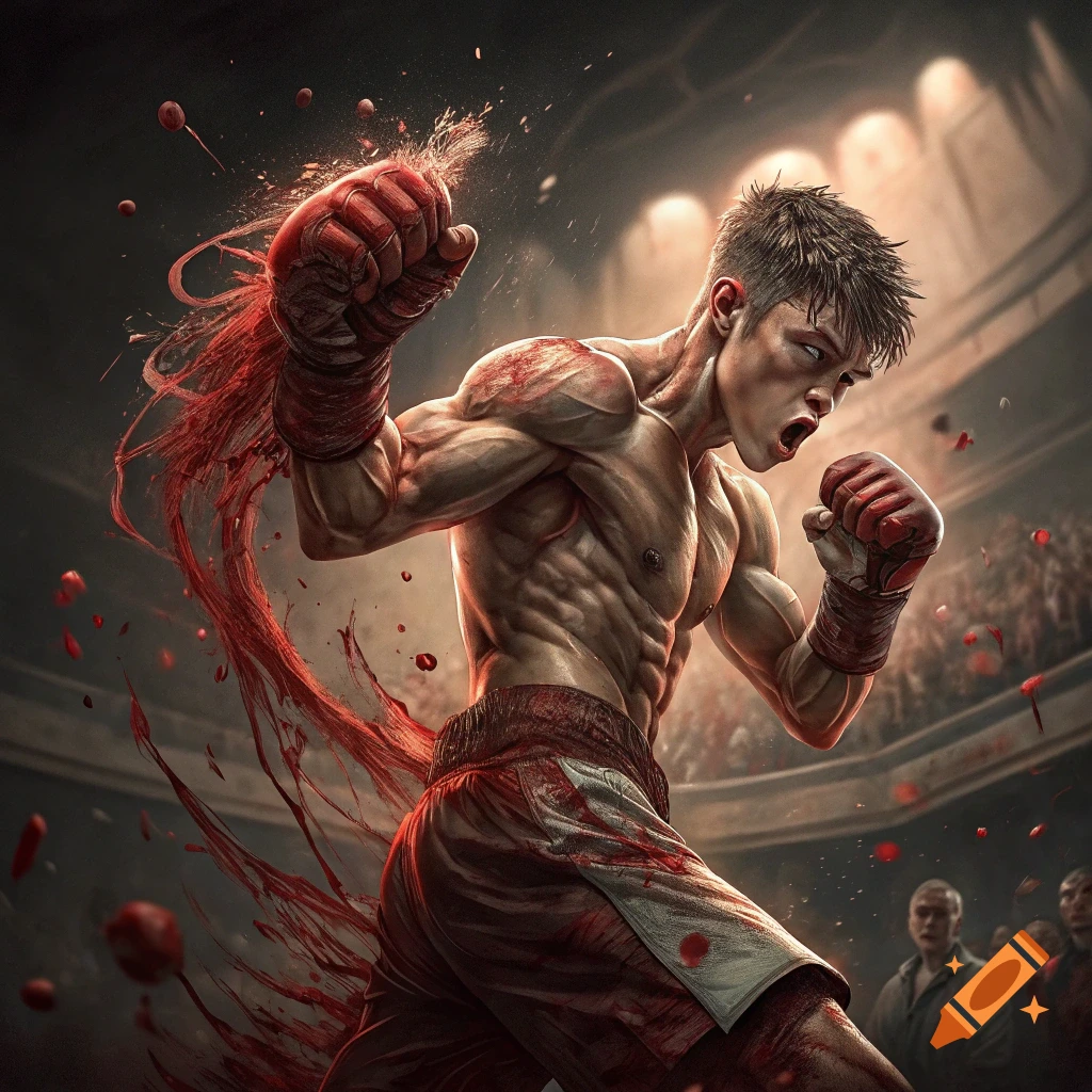 A young boxer covered in stylized blood throws a punch in a ring. on ...