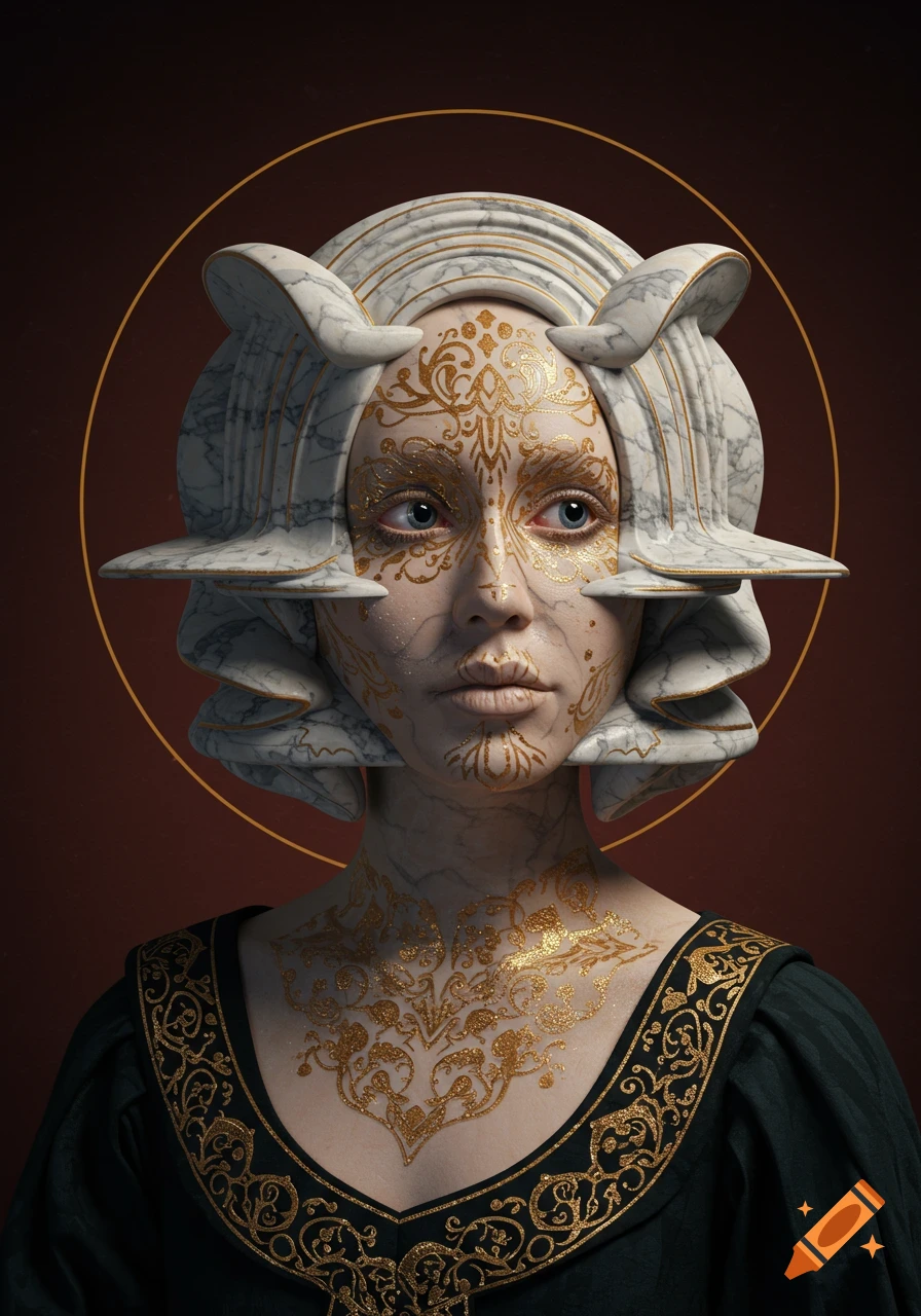 A portrait of a woman with marble skin and ornate gold patterns ...
