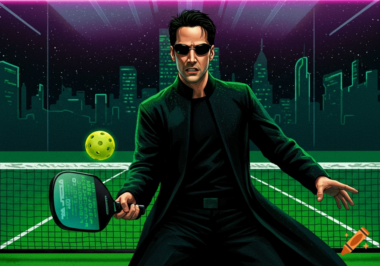 Neo from The Matrix playing pickleball on a rooftop court at night ...