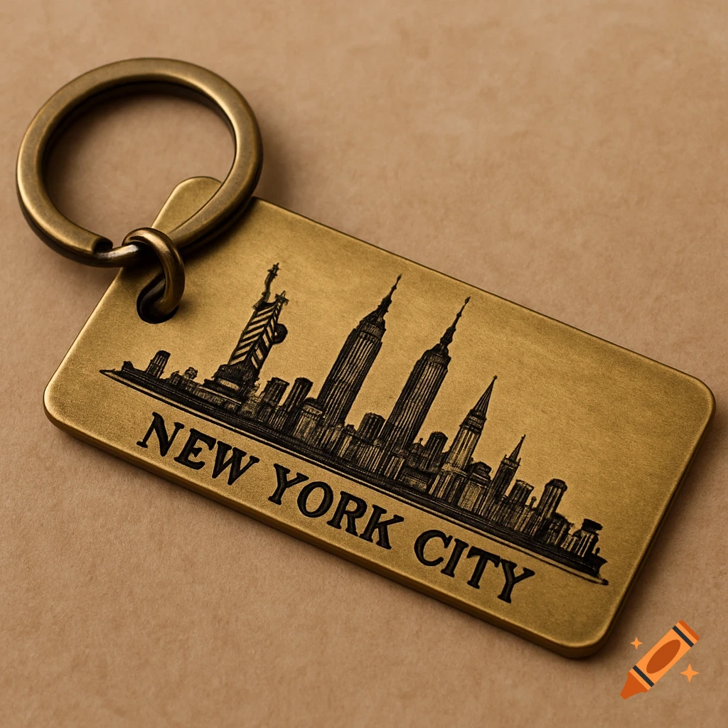 Brass keychain with etched New York City skyline on Craiyon