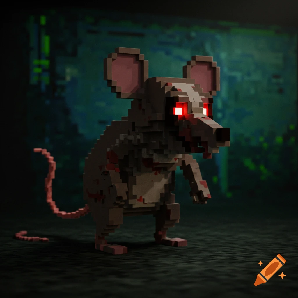 A pixel art zombie mouse with glowing red eyes standing in the dark. on ...