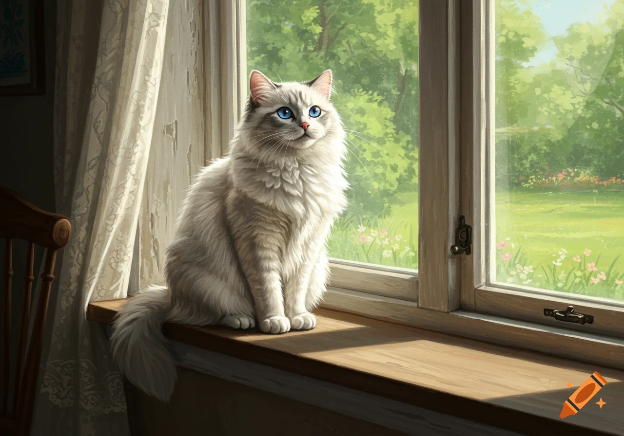 A fluffy white cat with blue eyes sits on a sunlit windowsill looking ...