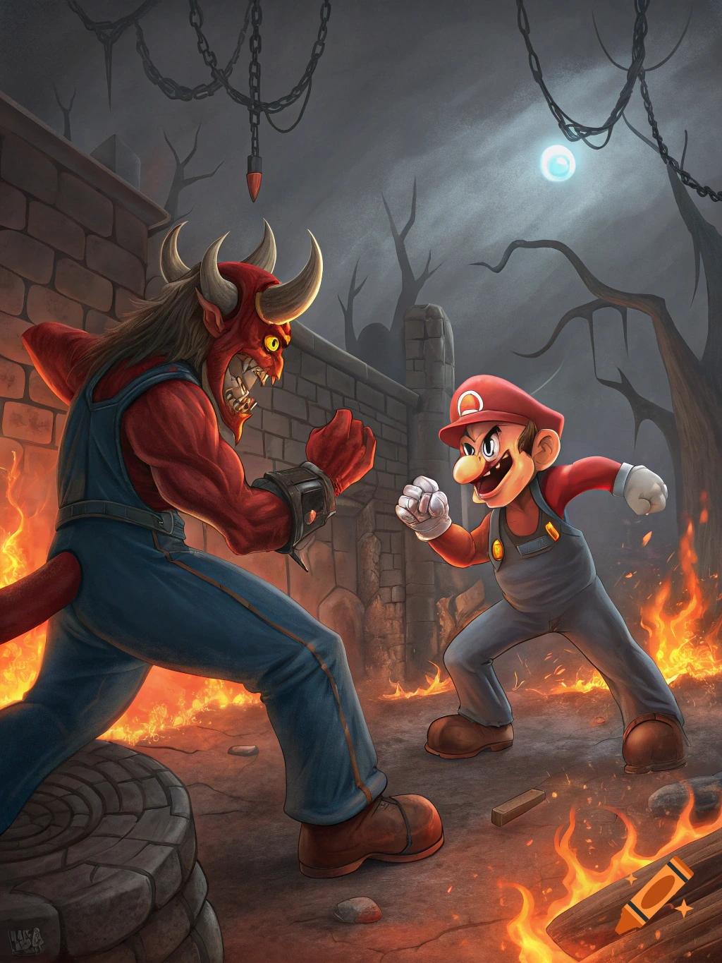 Mario faces a red demon with horns in a dark, fiery hellscape. on Craiyon