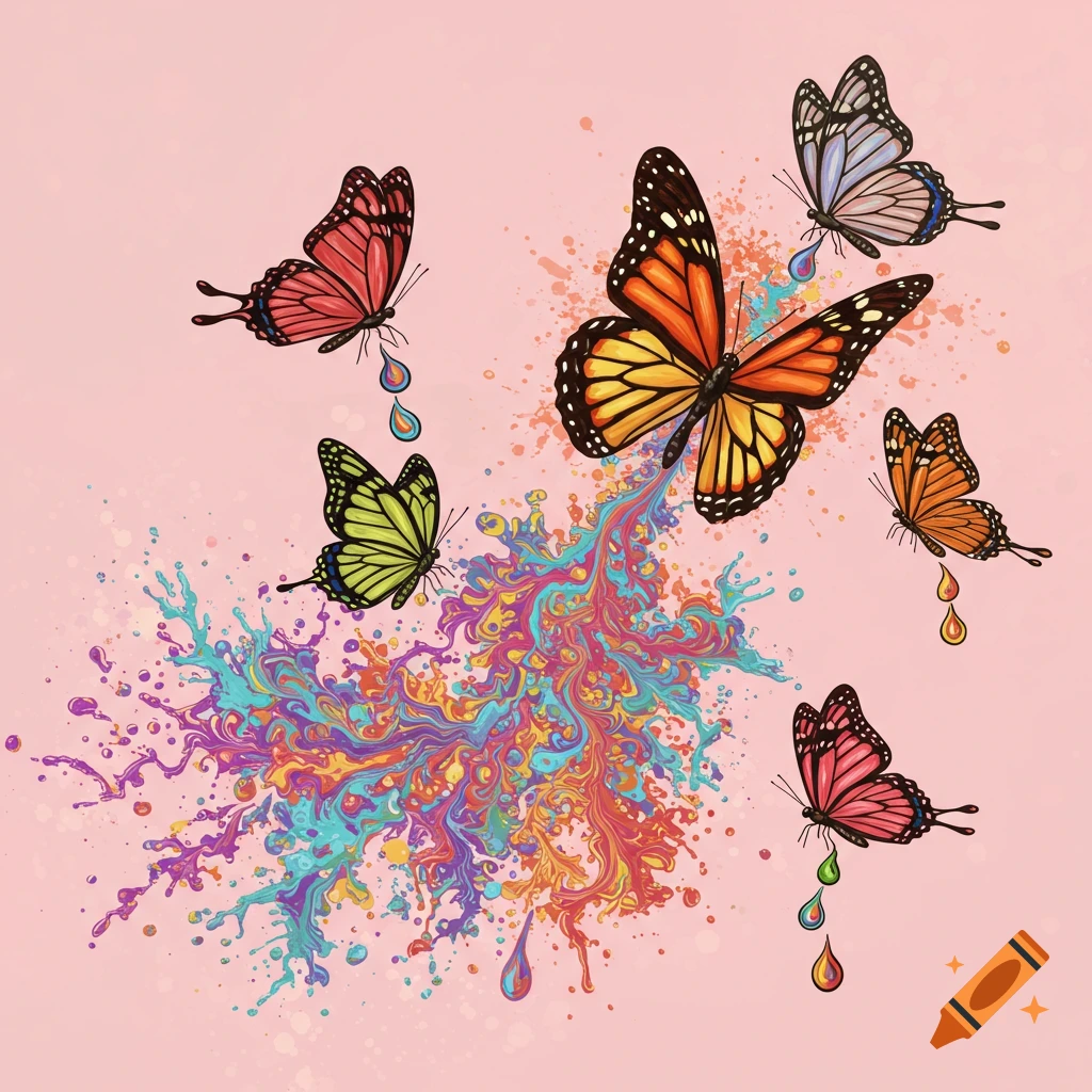 Six colorful butterflies fly around a vibrant paint splatter explosion ...