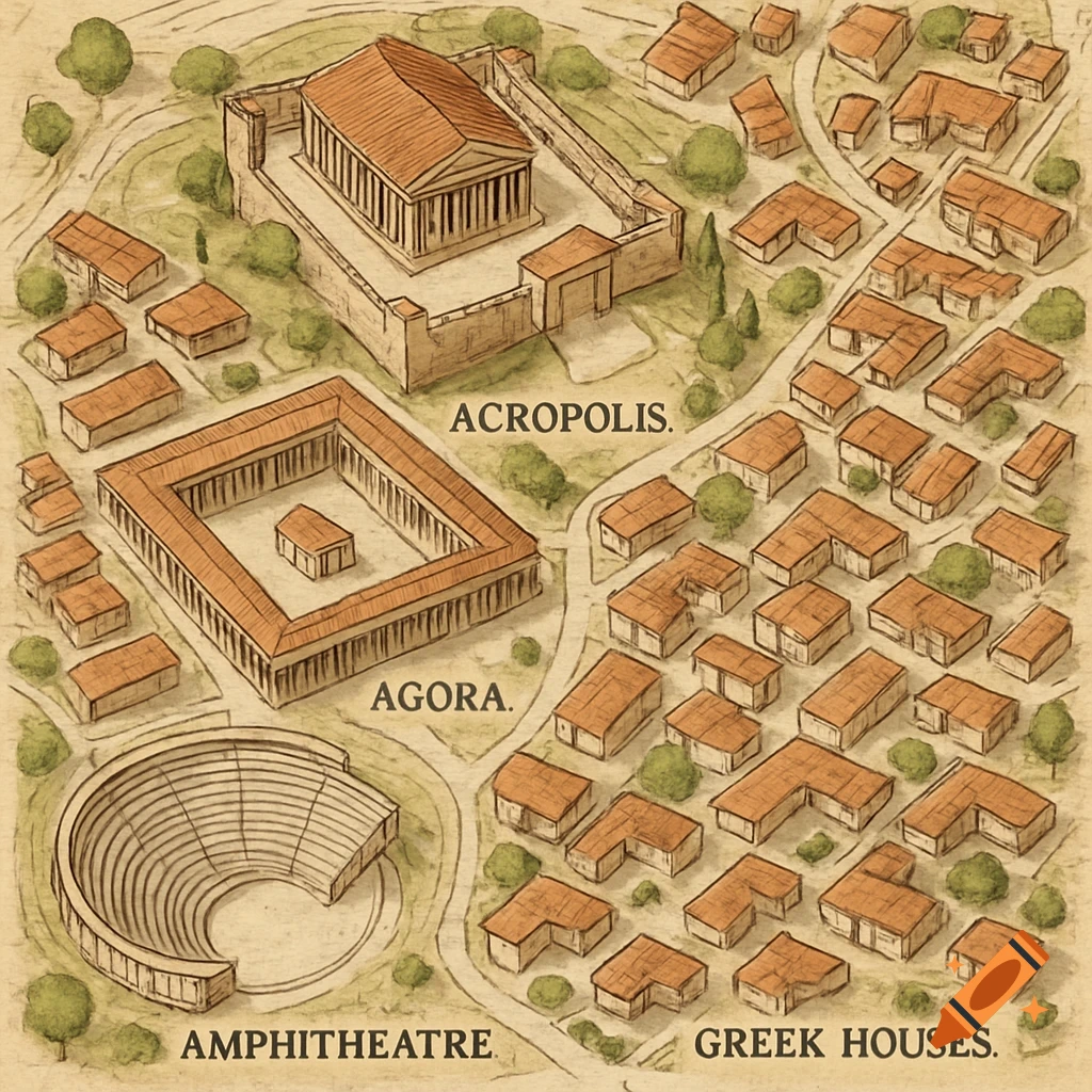 Illustrated map of an ancient Greek town with Acropolis, Agora ...