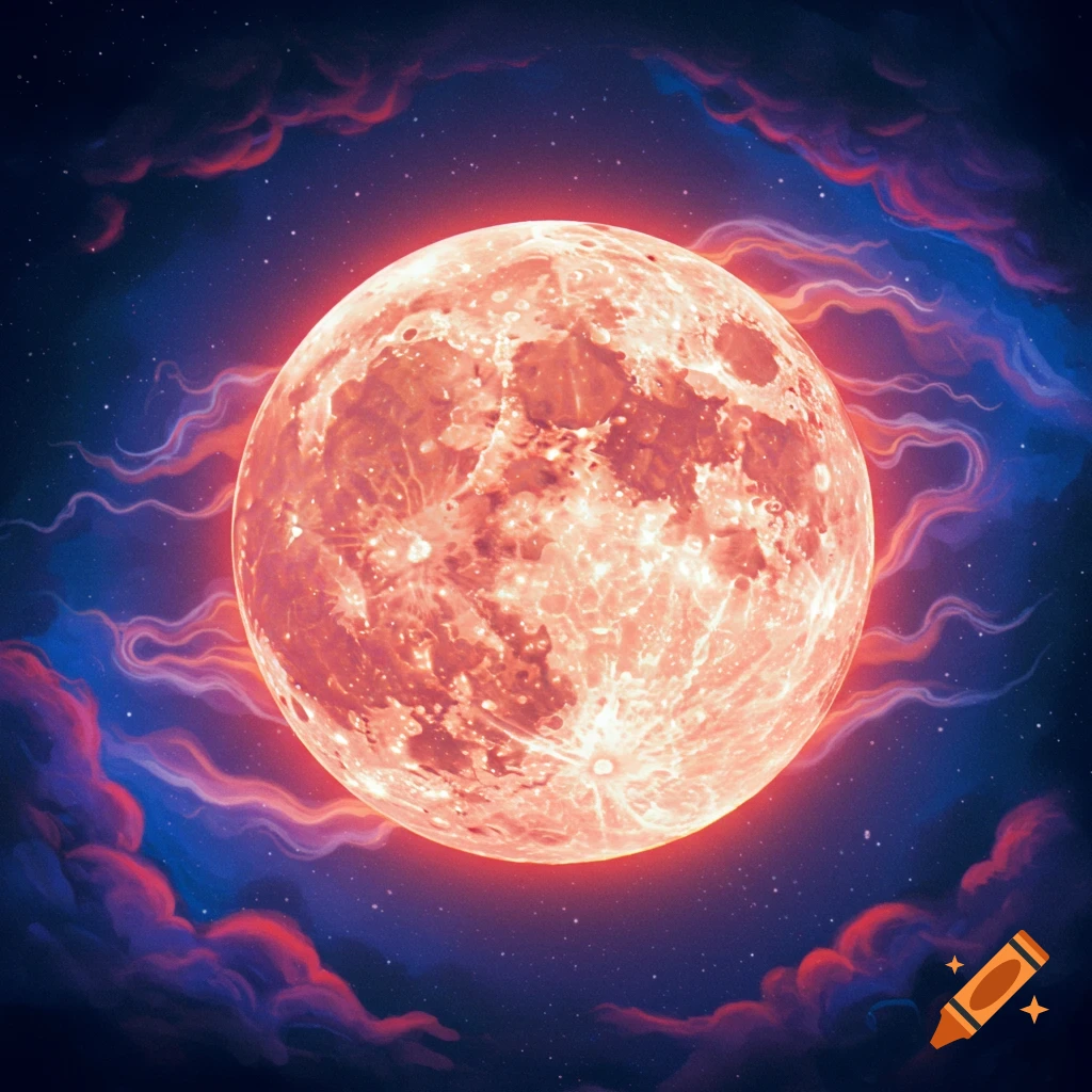 An ethereal glowing red moon in space surrounded by swirling purple ...