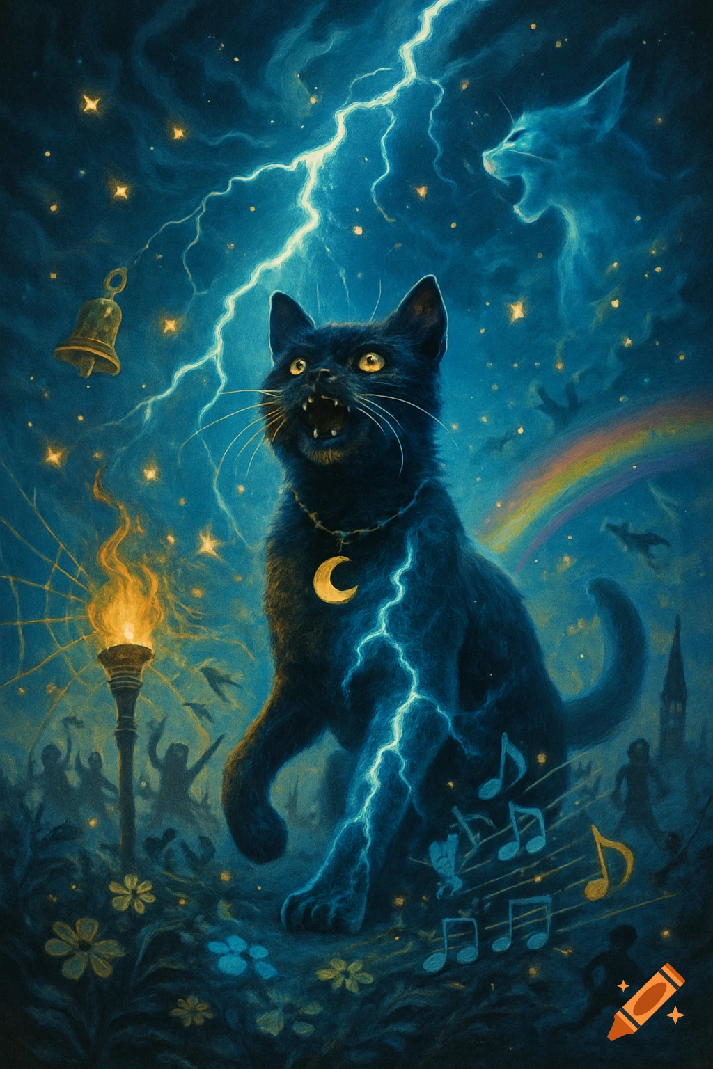 A black cat with yellow eyes and moon necklace stands with lightning ...