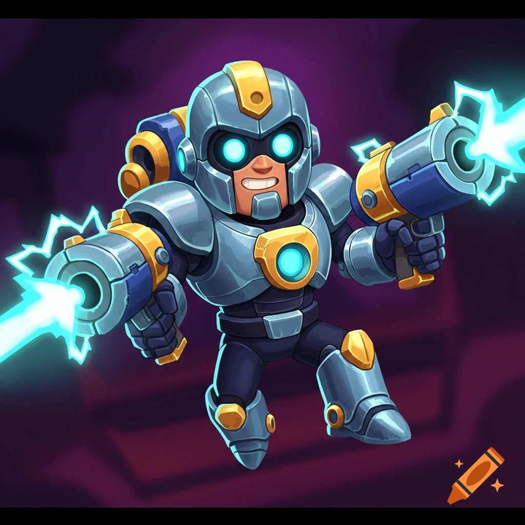 A cartoon robot character in armor holds two laser guns firing beams ...