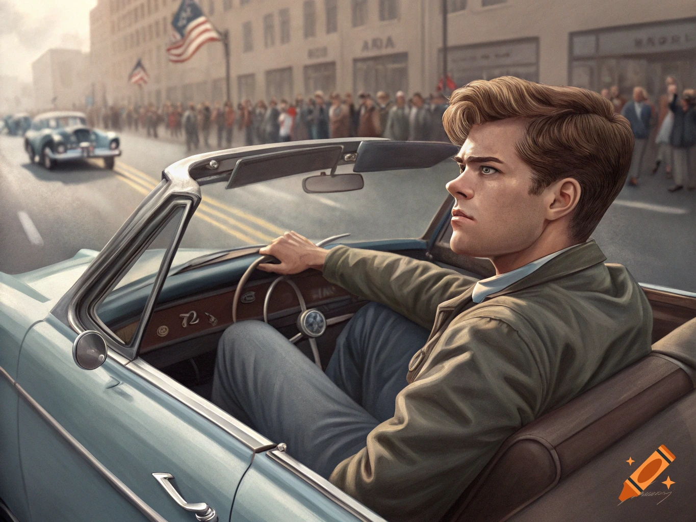 Man in blue convertible driving past a crowd with American flags on Craiyon