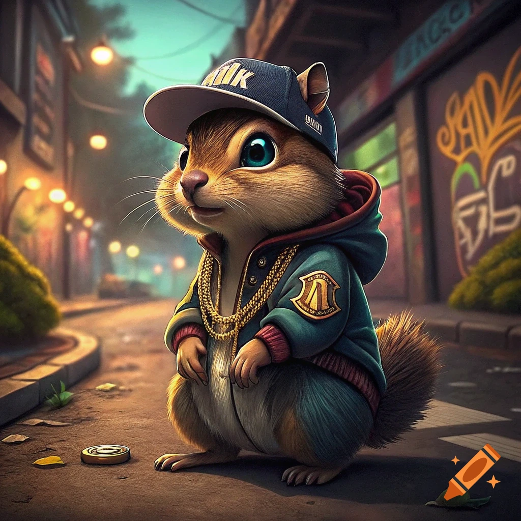 A cartoon chipmunk wearing a baseball cap, gold chain, and hoodie ...