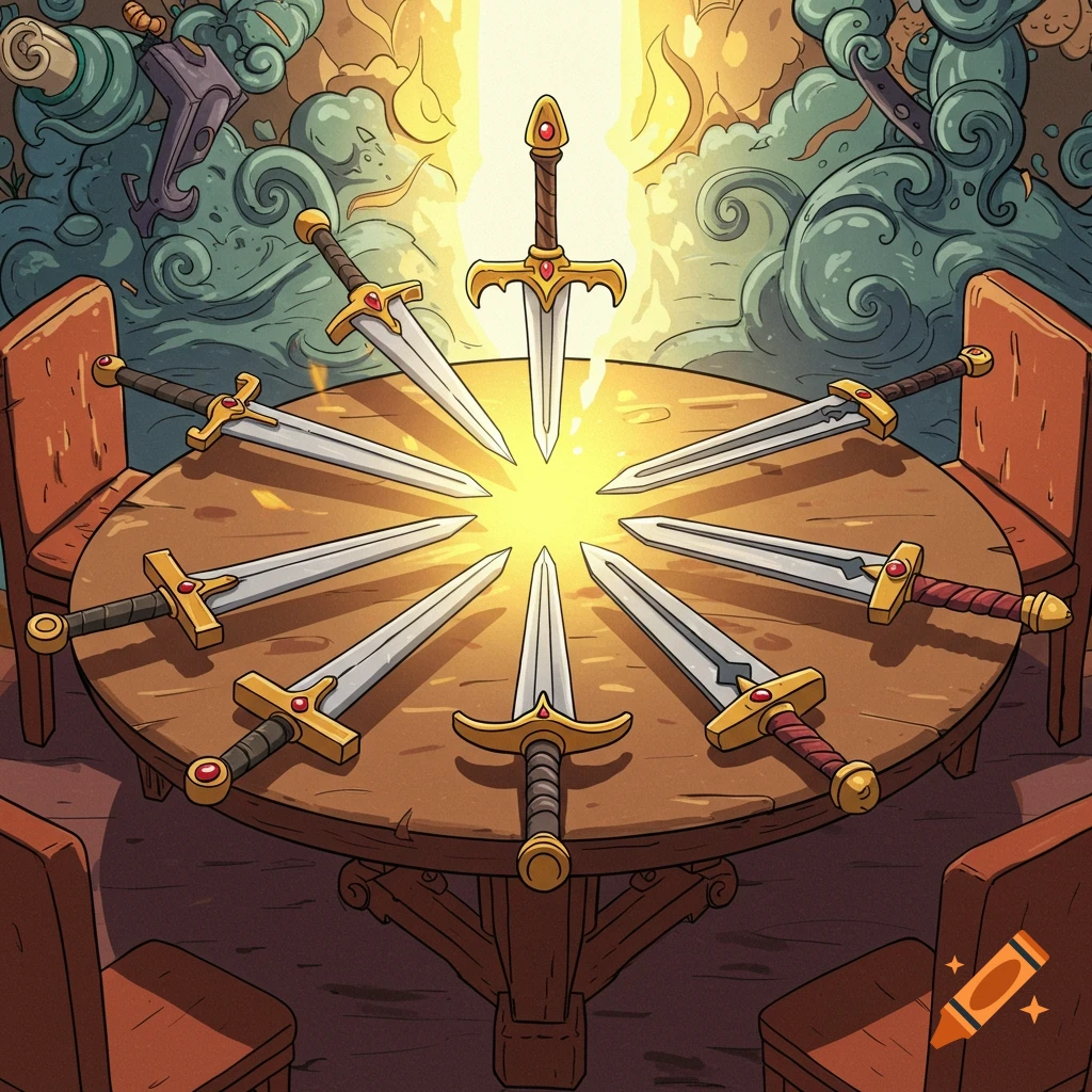 Cartoon illustration of a round table with swords pointing inwards ...
