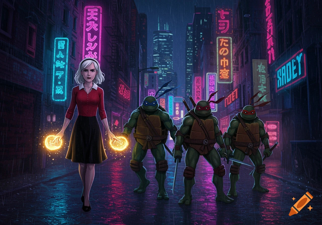 Sabrina the Teenage Witch and the Teenage Mutant Ninja Turtles walk ...