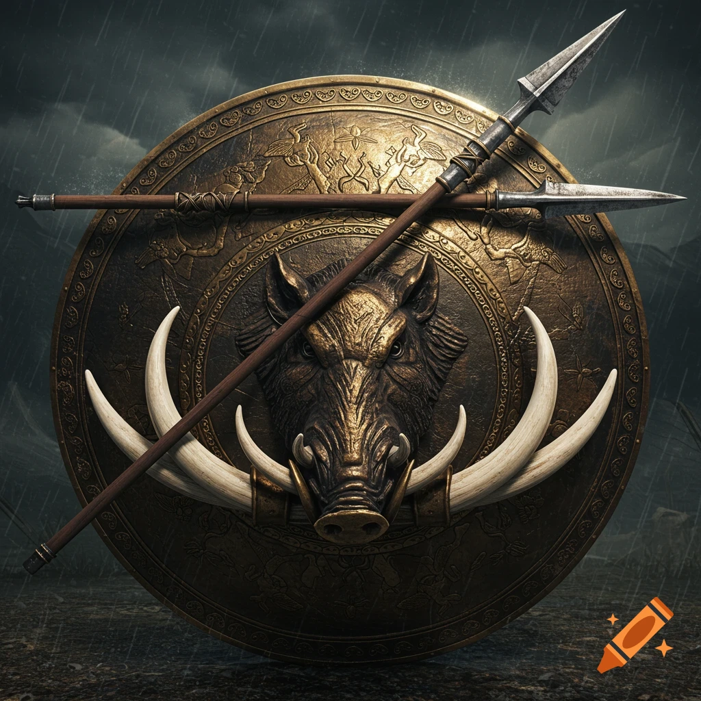 An ornate bronze shield with a boar head and tusks, crossed by two ...