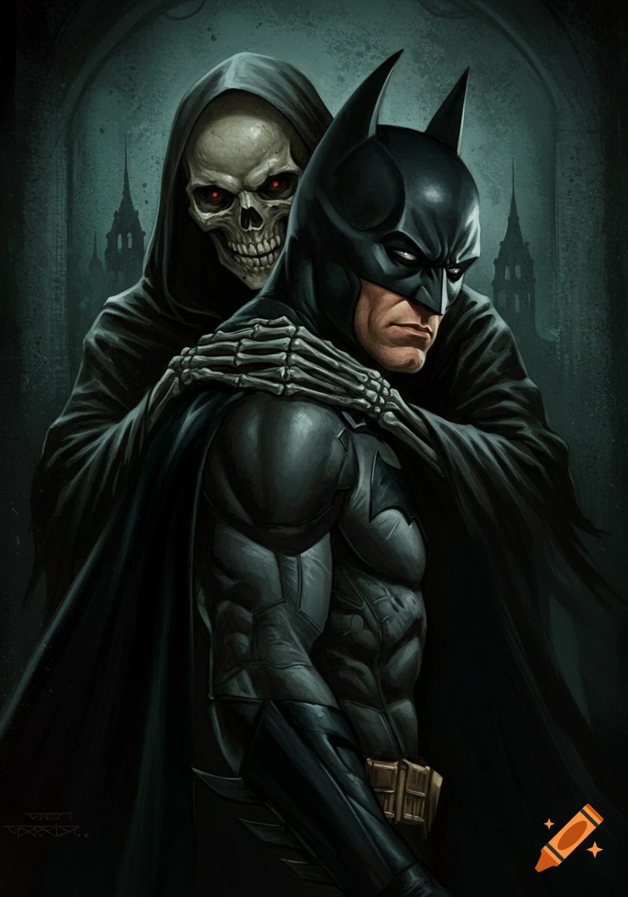 Batman in a dark, gothic painting with a skeleton behind him. on Craiyon