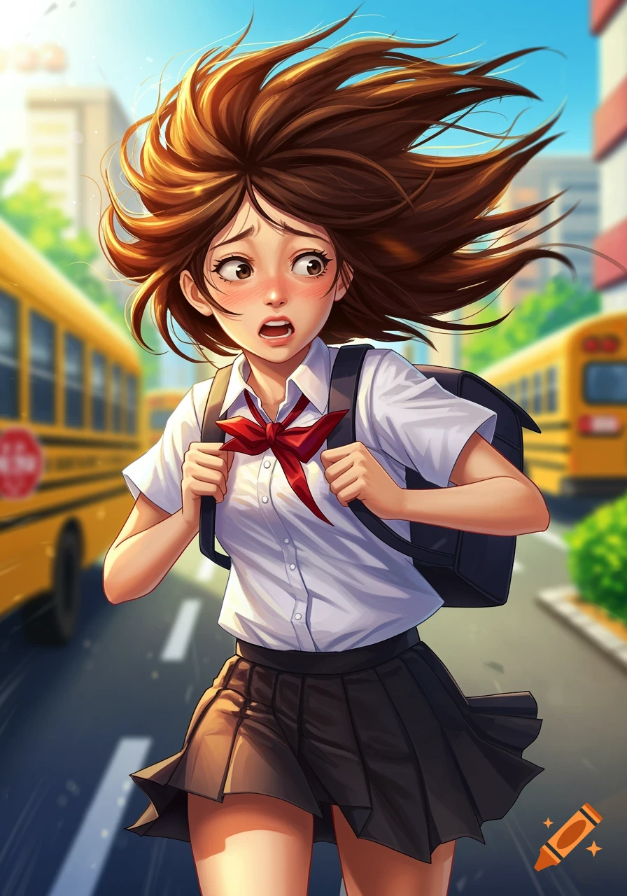 Anime illustration of a panicked schoolgirl with messy hair running ...