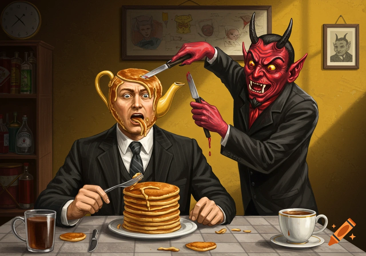 Illustrative scene of a demon cutting a man's pancake and teapot head ...