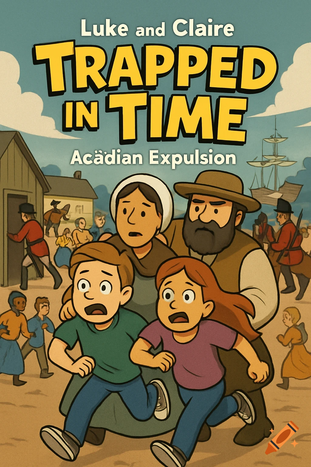 Cartoon book cover shows two children running from soldiers and a crowd ...