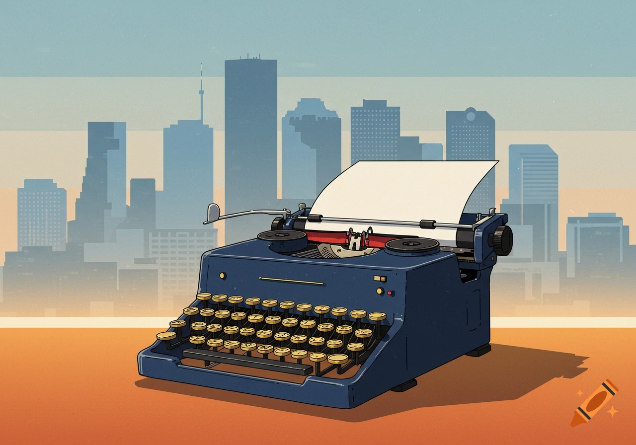 Stylized illustration of a vintage typewriter against a city skyline ...