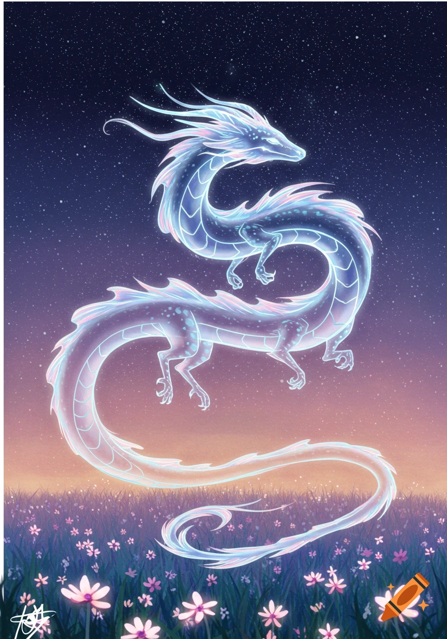 A luminous wisp dragon floats over a field of flowers under a starry ...