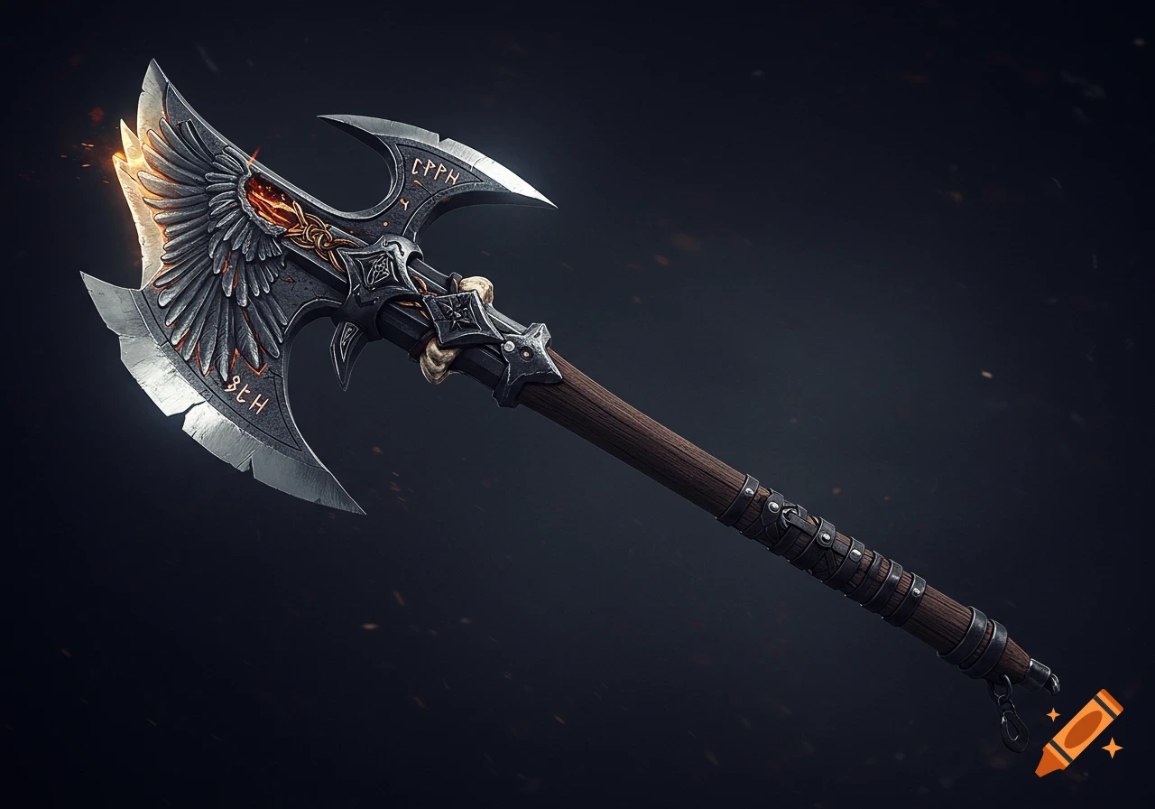 A detailed fantasy battle axe with a winged design and runes etched ...
