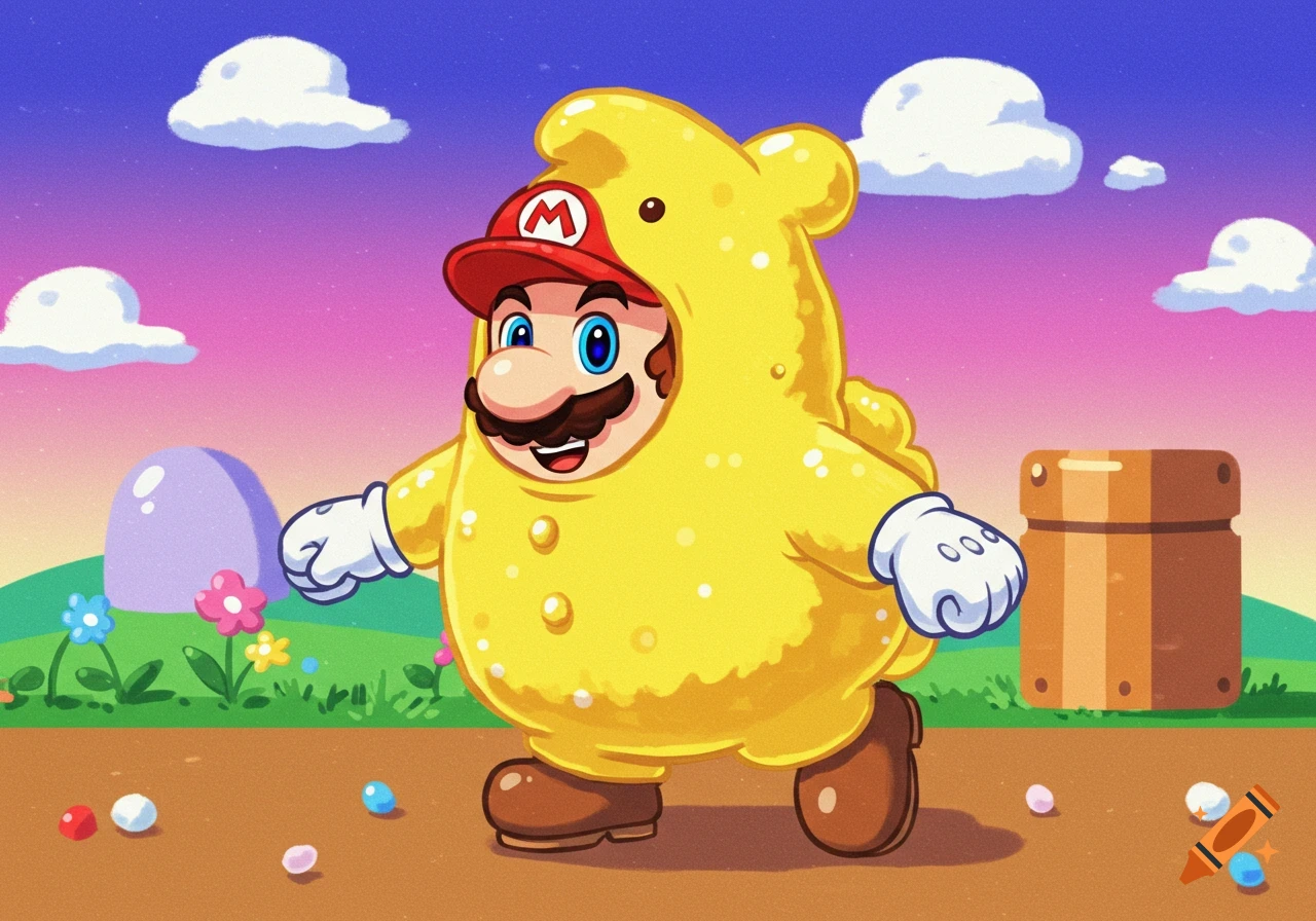 Mario dressed in a yellow Peep costume stands in a cartoon landscape ...