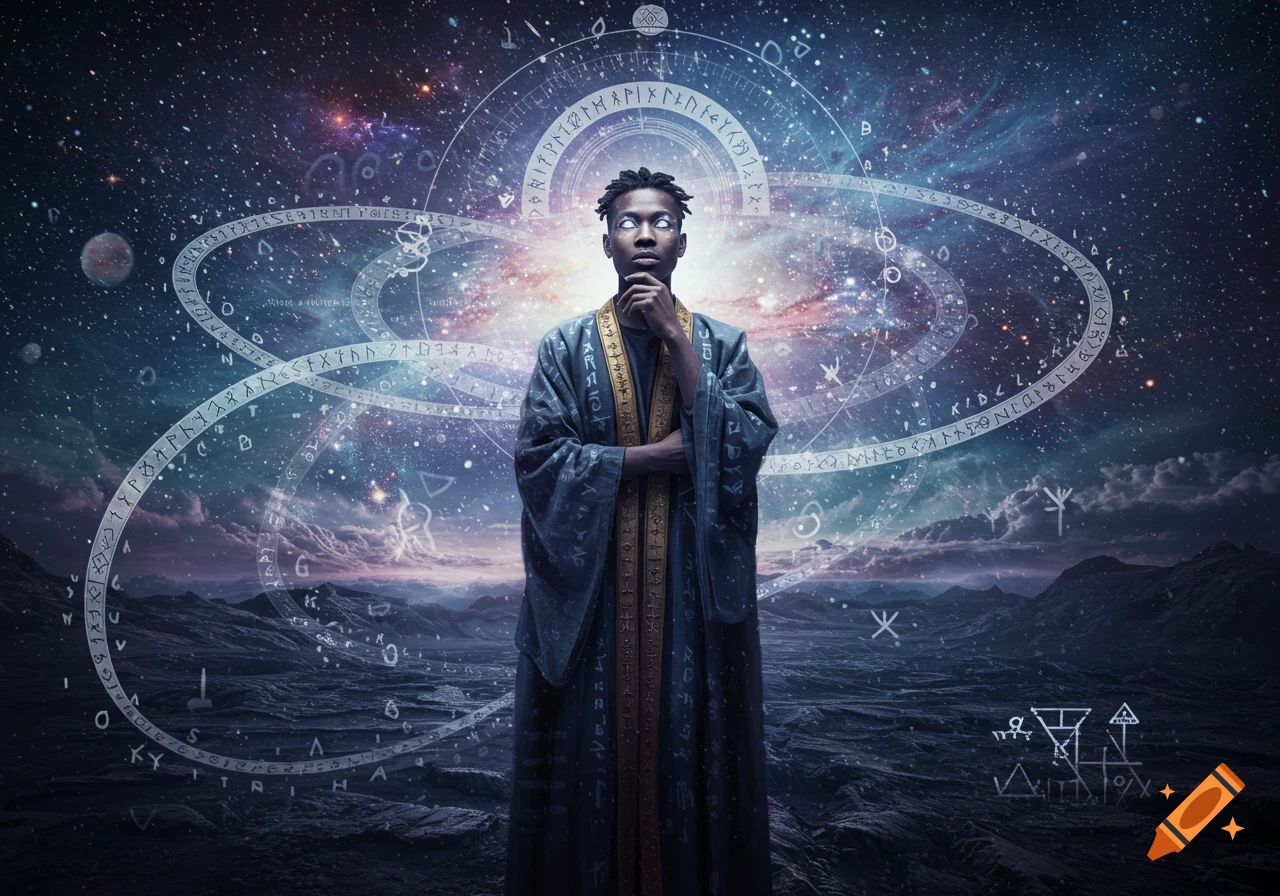 Figure in robe in cosmic landscape surrounded by glowing symbols and ...