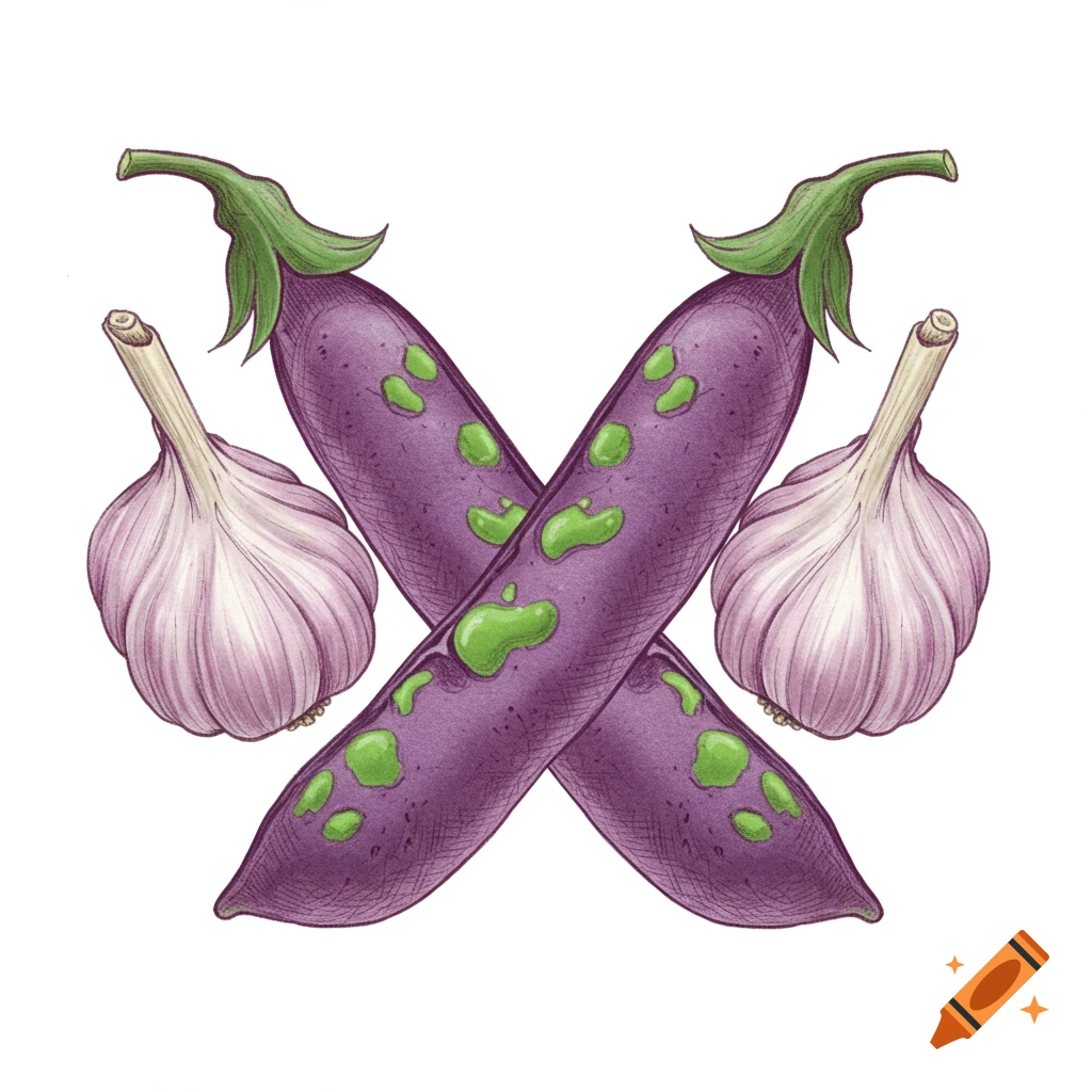Crossed purple pea pods with green splotches and garlic in a hatching ...