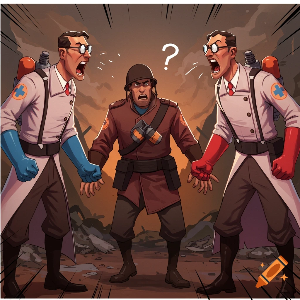 Two cartoon medics yell at a confused soldier with a question mark ...