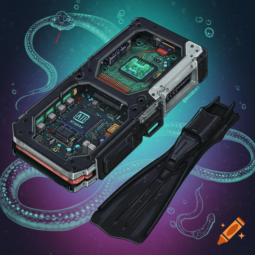 Illustration of a dissected tech device with circuitry, a swim fin, and ...