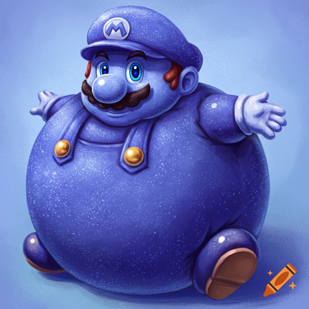 A round, blue, blueberry-like Super Mario character reaching out his ...