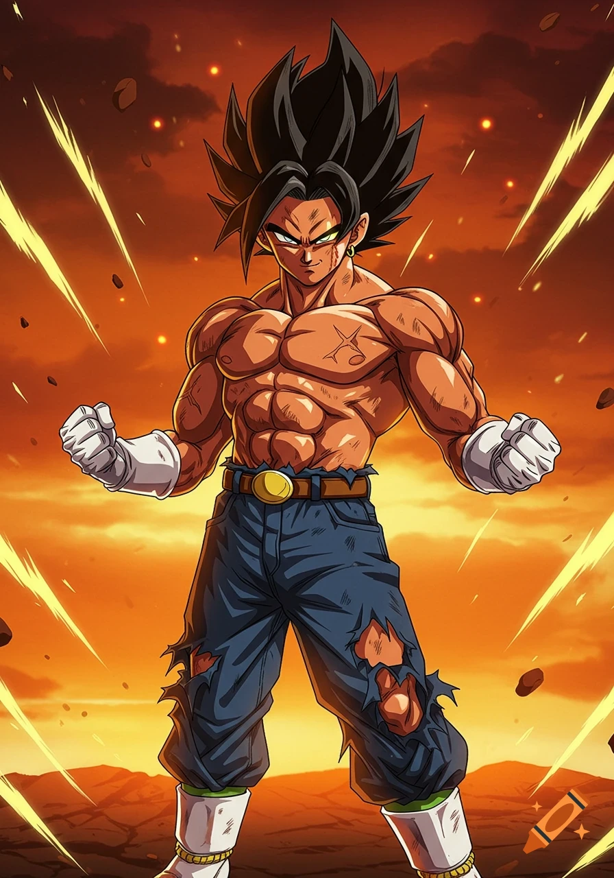 Muscular anime character in ripped clothes stands against a fiery sky ...