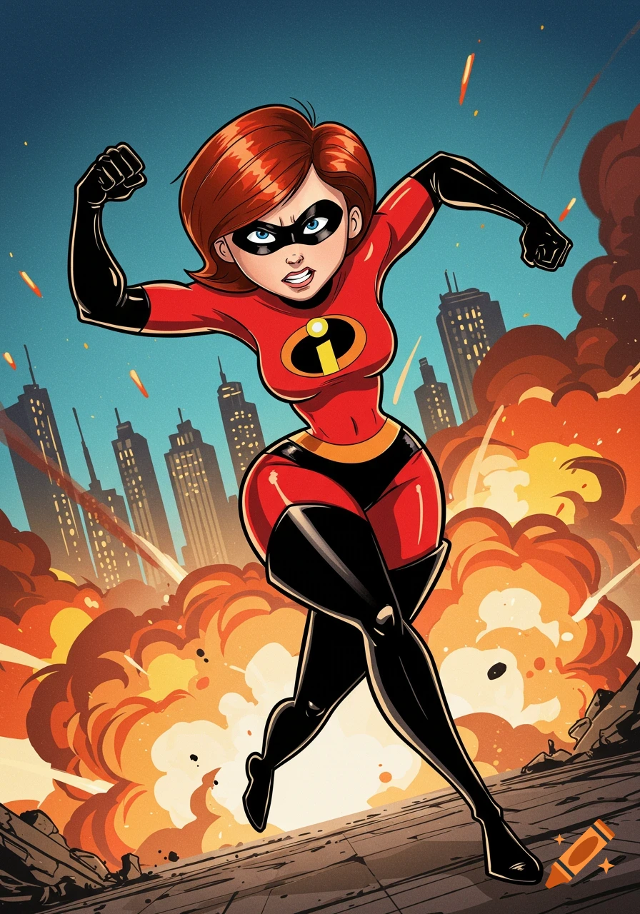 Cartoon of Elastigirl running past city buildings and explosions. on ...