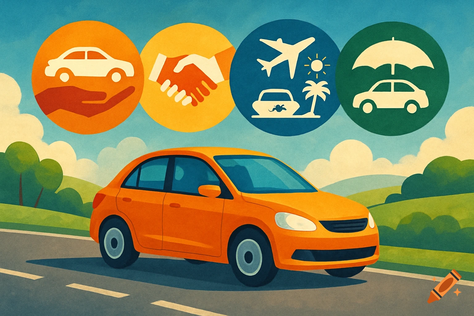 Stylized illustration of an orange car on a road with icons for car ...
