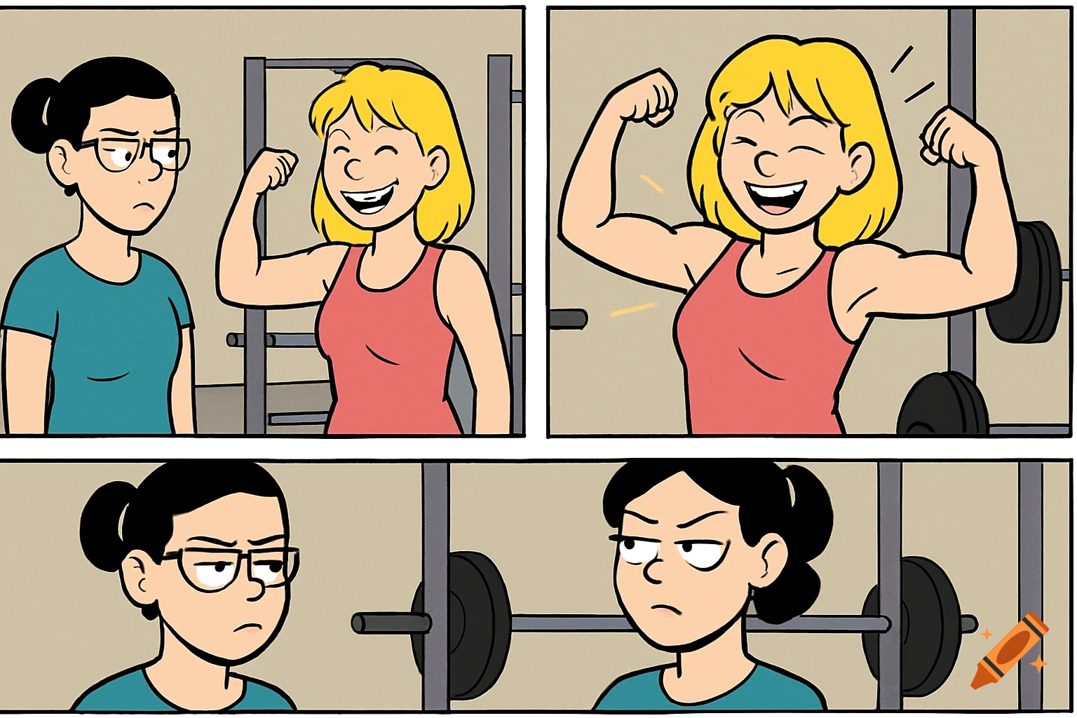 Comic strip of woman flexing muscles at gym in front of jealous woman ...