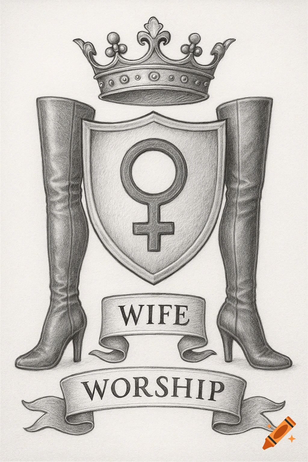 Greyscale pencil drawing of a heraldic crest with female symbol, boots ...