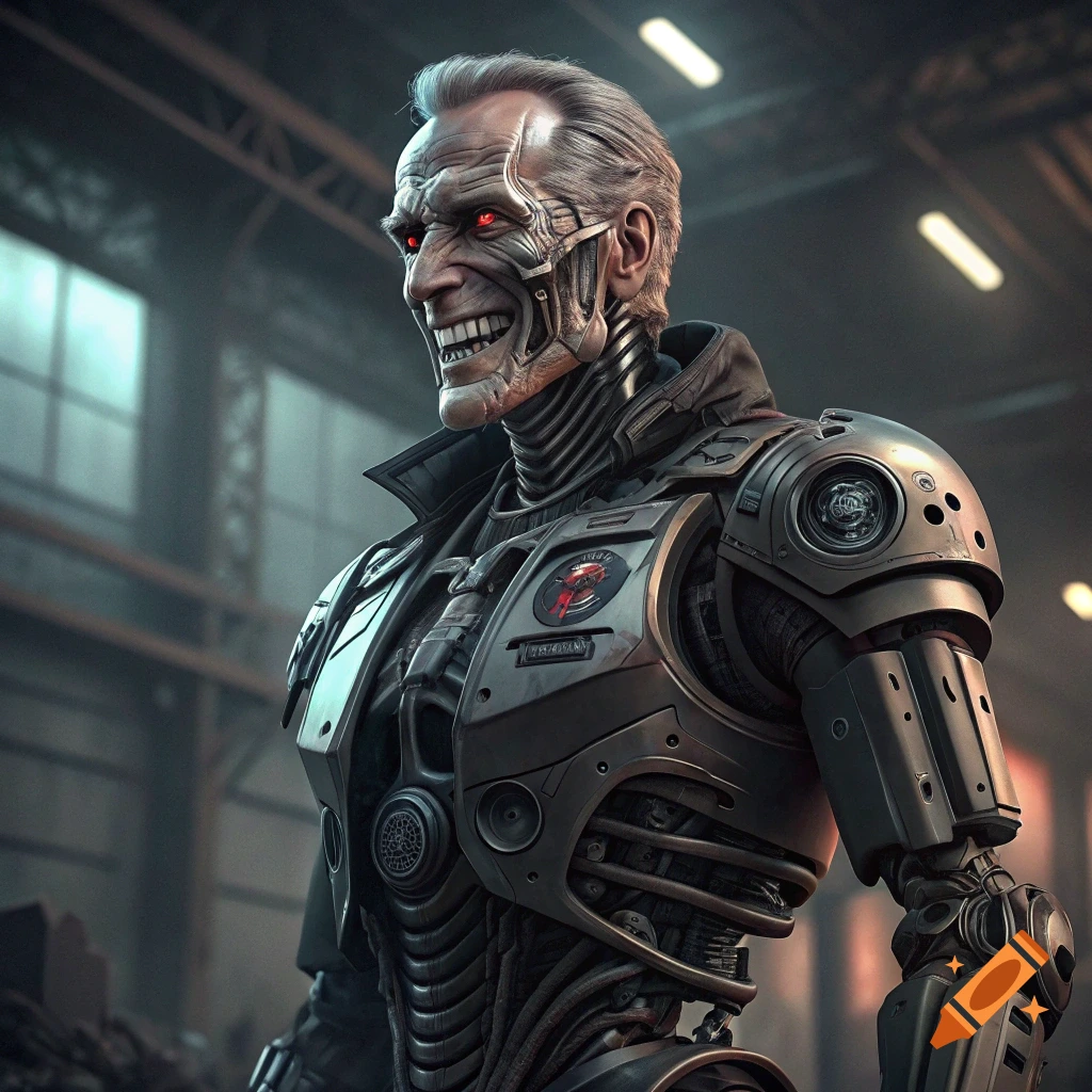 A futuristic cyborg man with red eyes and a wide grin wears detailed ...