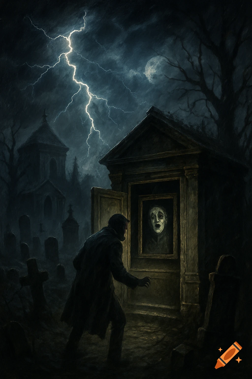 Person looks into mausoleum in stormy graveyard with lightning; scary ...