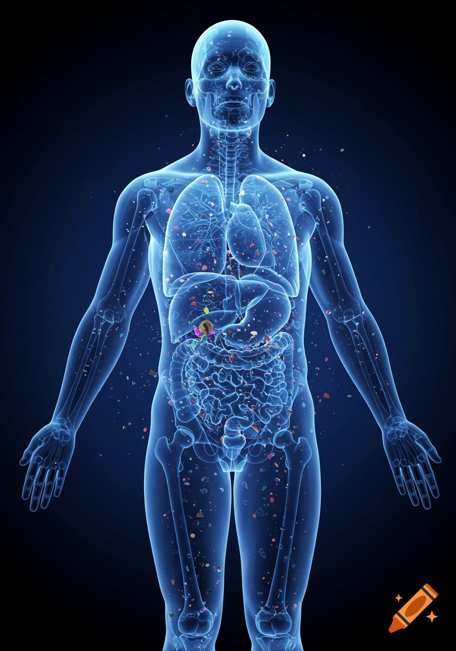 Conceptual digital illustration of a transparent human body showing ...