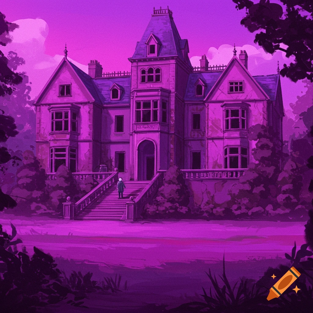 Purple mansion with a person on the stairs, stylized illustration on ...