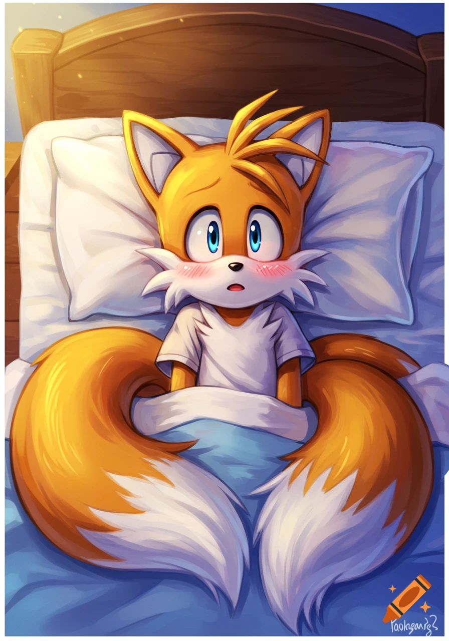Cartoon of Tails from Sonic laying in bed, blushing. on Craiyon