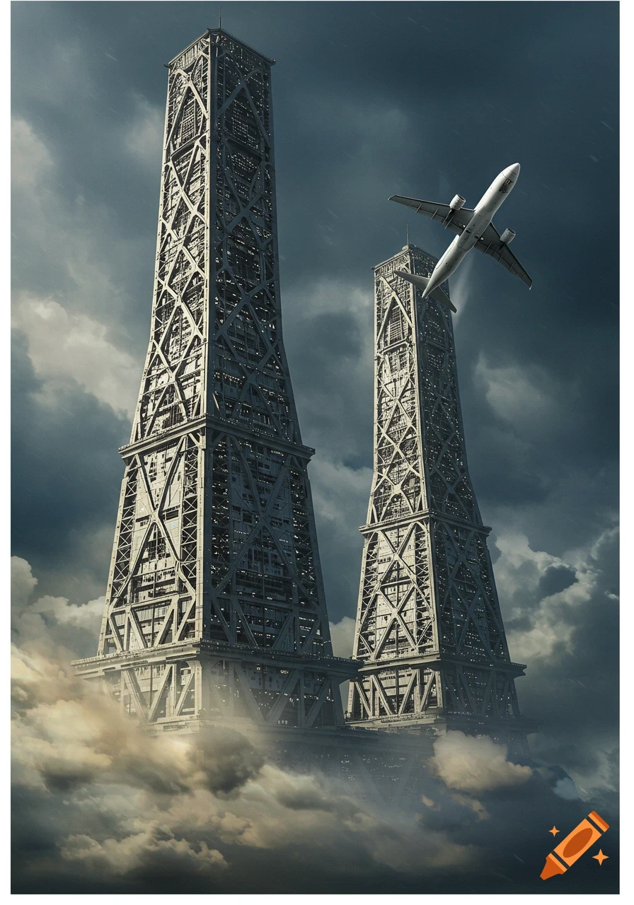 Two massive futuristic towers in stormy clouds with an airplane flying ...