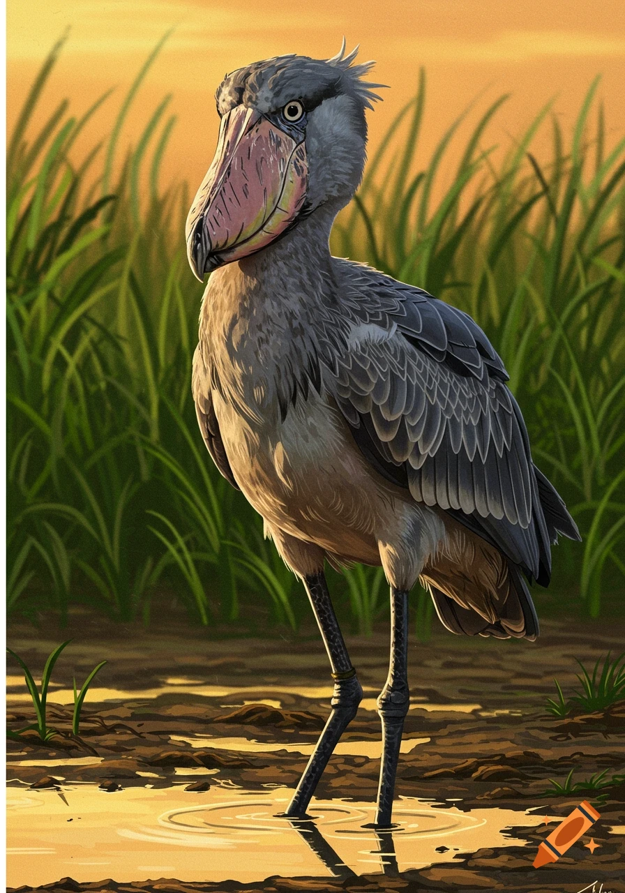 A shoebill bird stands in shallow water among tall grass at sunset. on ...