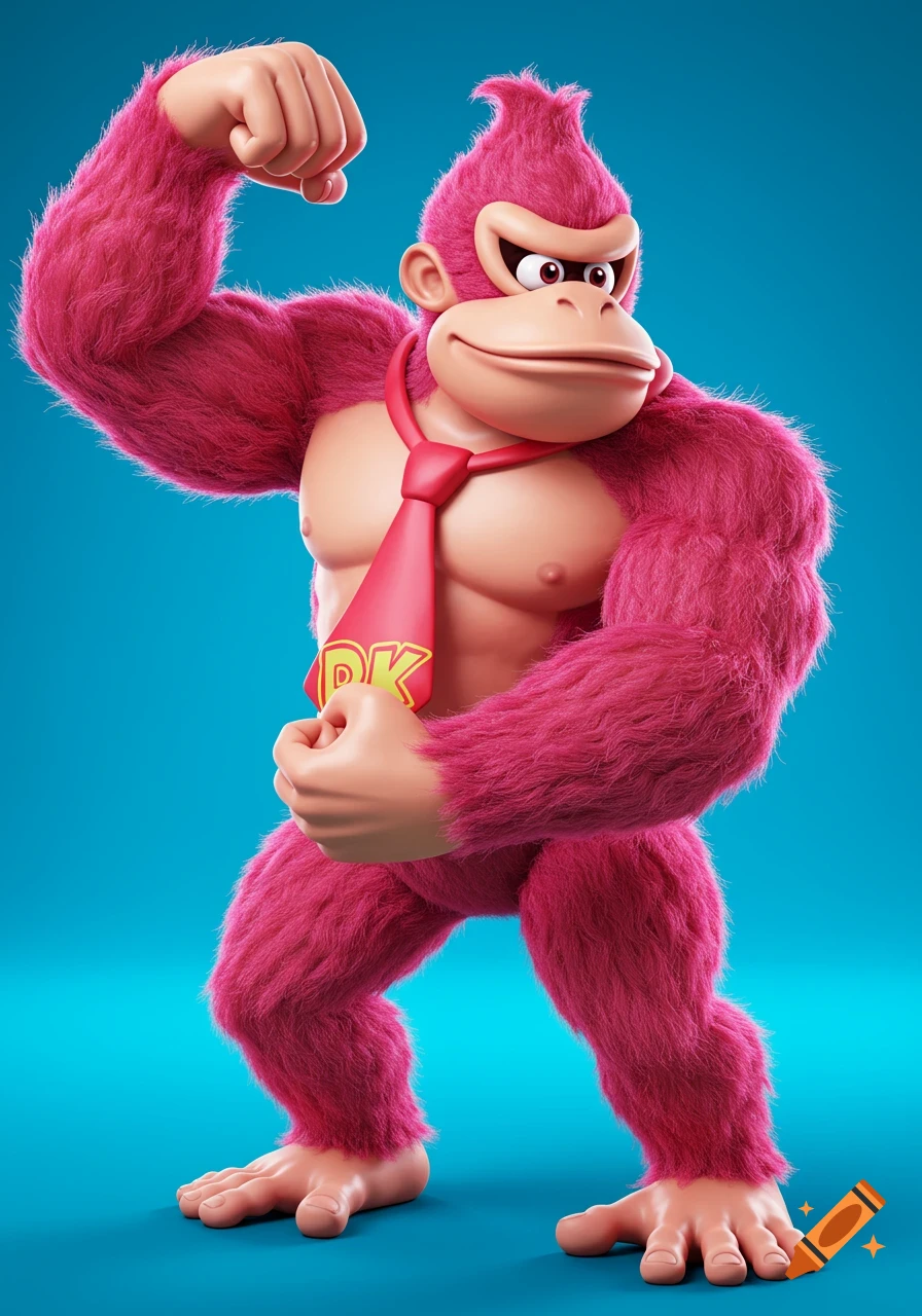 3D render of a muscular pink Donkey Kong flexing his arm on Craiyon