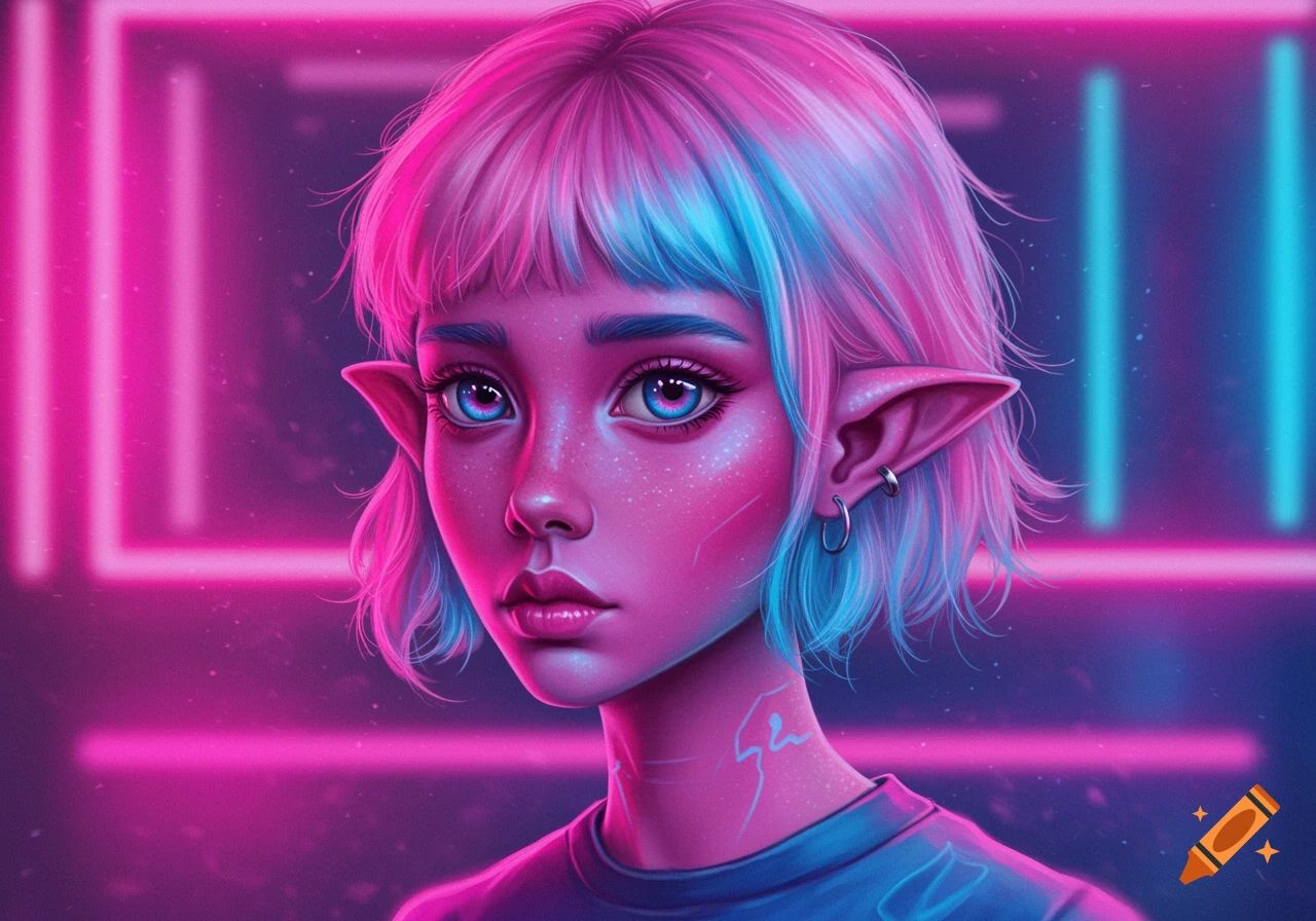 Portrait of a pink-skinned alien person with pink and blue hair in neon ...