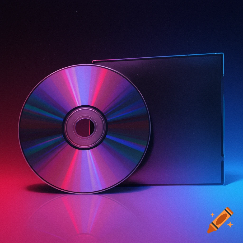 A shiny DVD stands next to its case, reflecting red and blue light on a ...