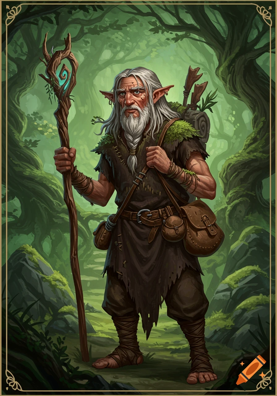 Illustration of an old fantasy character with elf ears, long white hair ...
