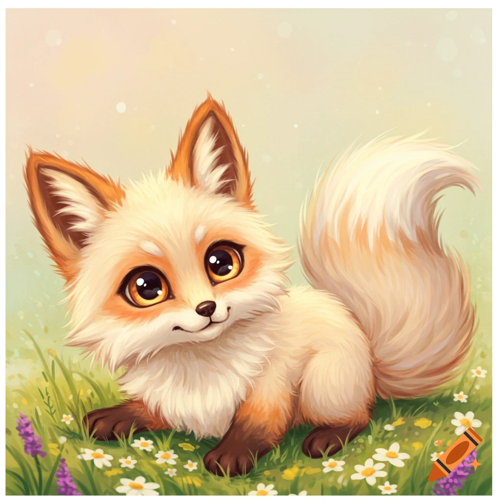 A cute cartoon fox sitting in a field of flowers. on Craiyon
